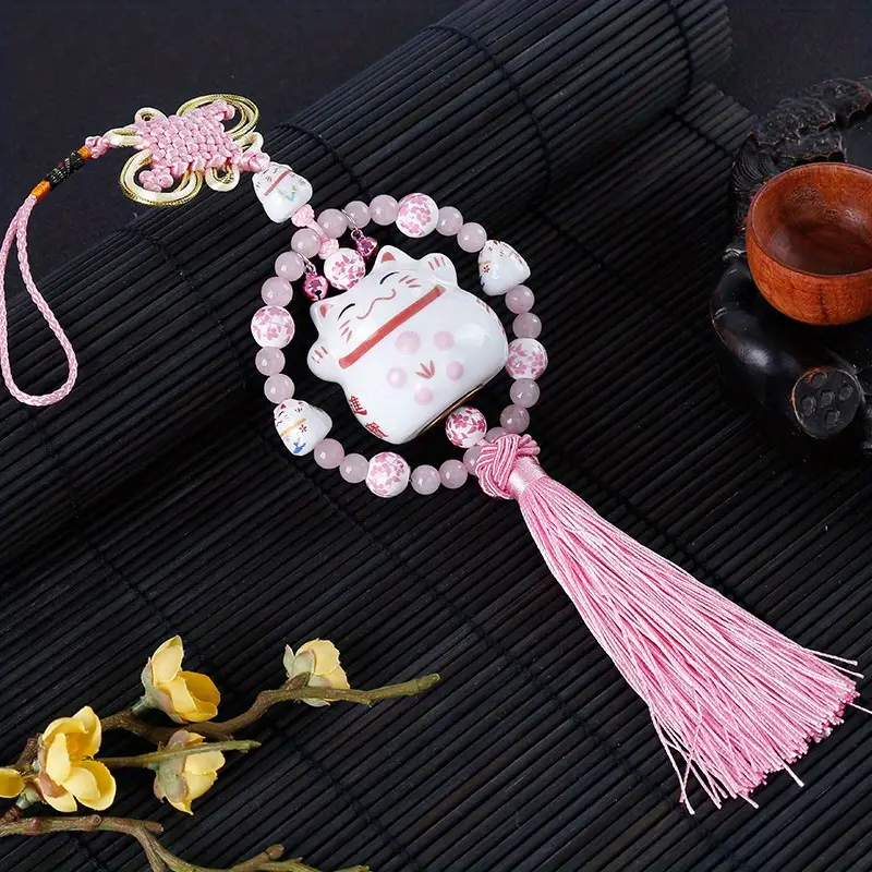 1pc Pink Lucky Cat Charm Ceramic Car Hanging Pendant Chinese Knot ...