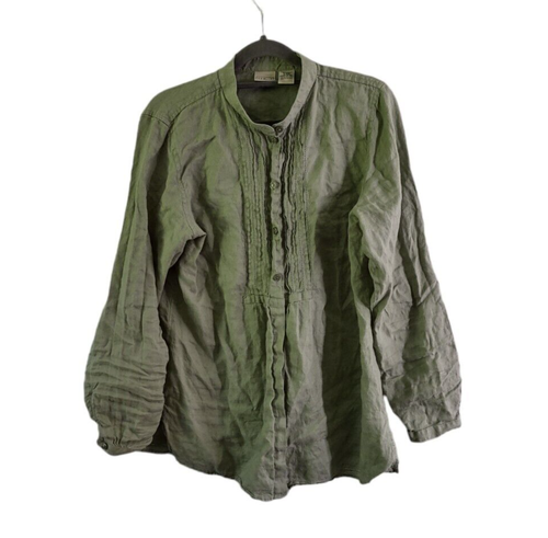 LL Bean Green Linen Button Up Shirt Womens Medium Hidden Button Mock ...