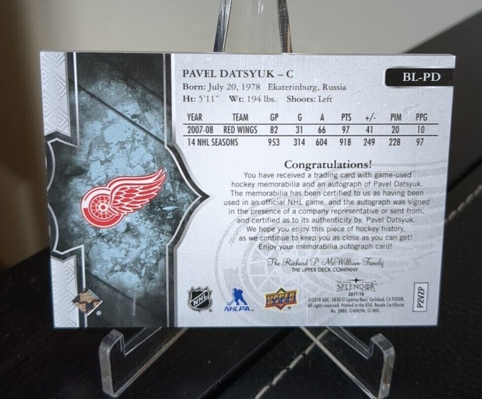2017-18 UD Splendor PAVEL DATSYUK Splendor Patch Relic Glove Auto /36 ...