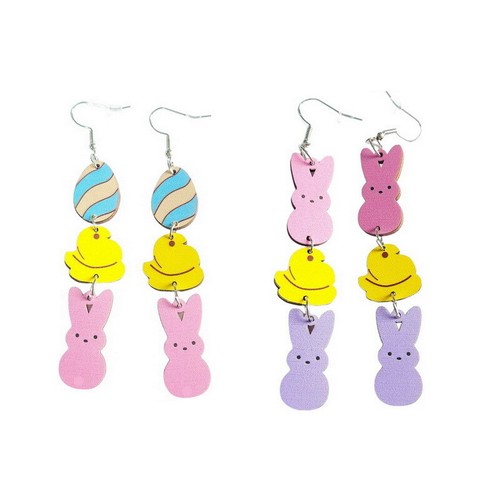 Wooden Print Rabbit and Egg Triple Cluster Dangle Easter Day Holiday ...