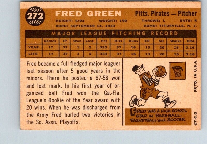 1960 TOPPS BASEBALL #272 FRED GREEN MID GRADE KZ | eBay