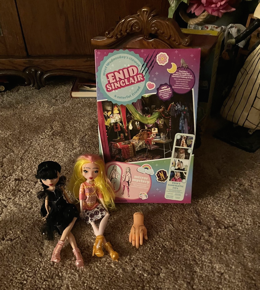 Wednesday Addams lot Enid, Thing dolls and 1 New Box of cereal,Kelloggs ...