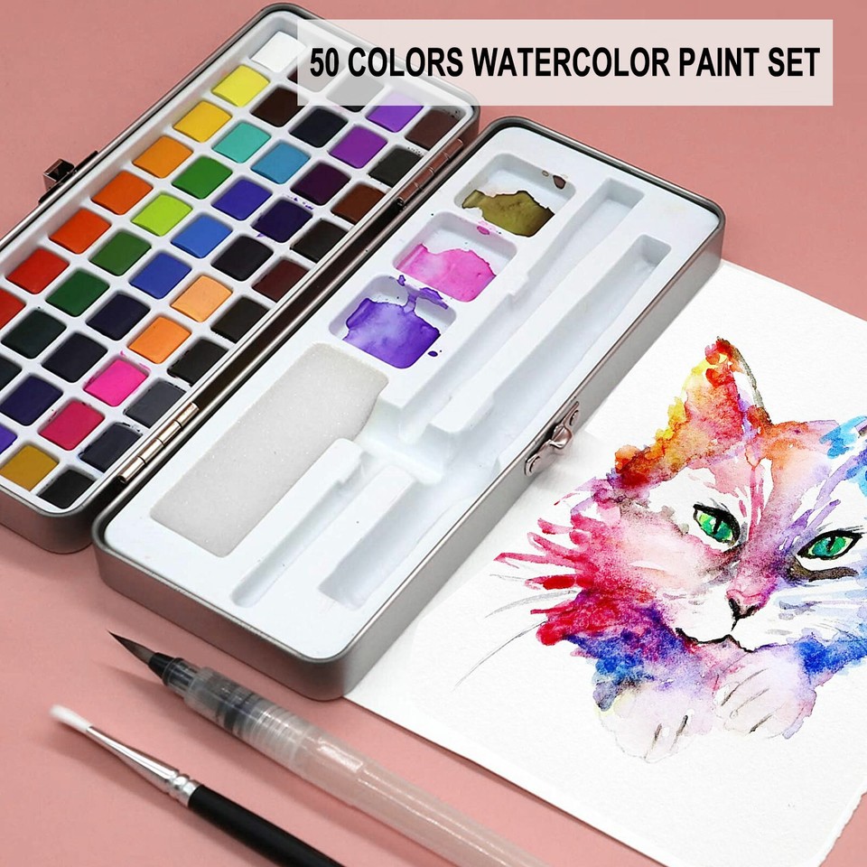 Professional 50 Colors Watercolor Paint Draw Painting + Water Brush ...