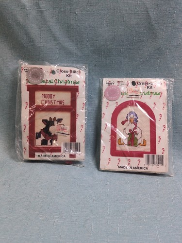 2 VTG Cross Stitch Ornaments What’s New Inc Whimsical Christmas Moooy ...
