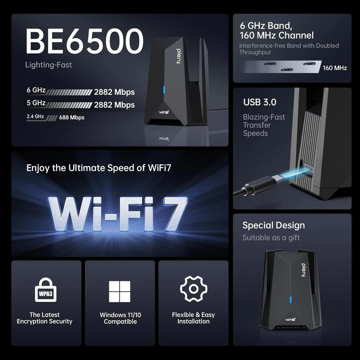 PLERY BE6500 USB WiFi 7 Adapter for Gaming 4K Streaming, Tri-Band ...