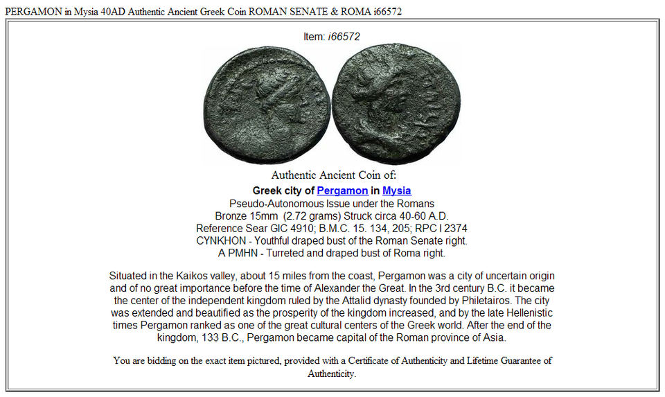 PERGAMON in Mysia 40AD Authentic Ancient Greek Coin ROMAN SENATE & ROMA ...