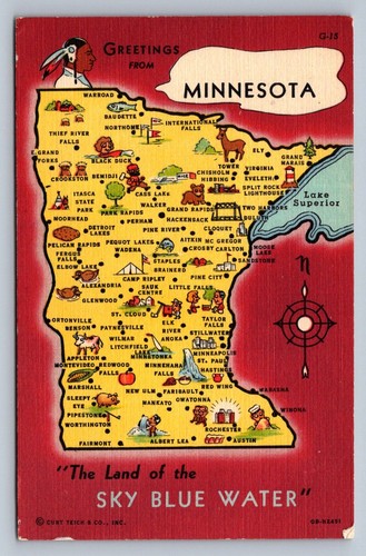 Postcard Minnesota Minneapolis State Map Land of Sky Blue Water Linen ...
