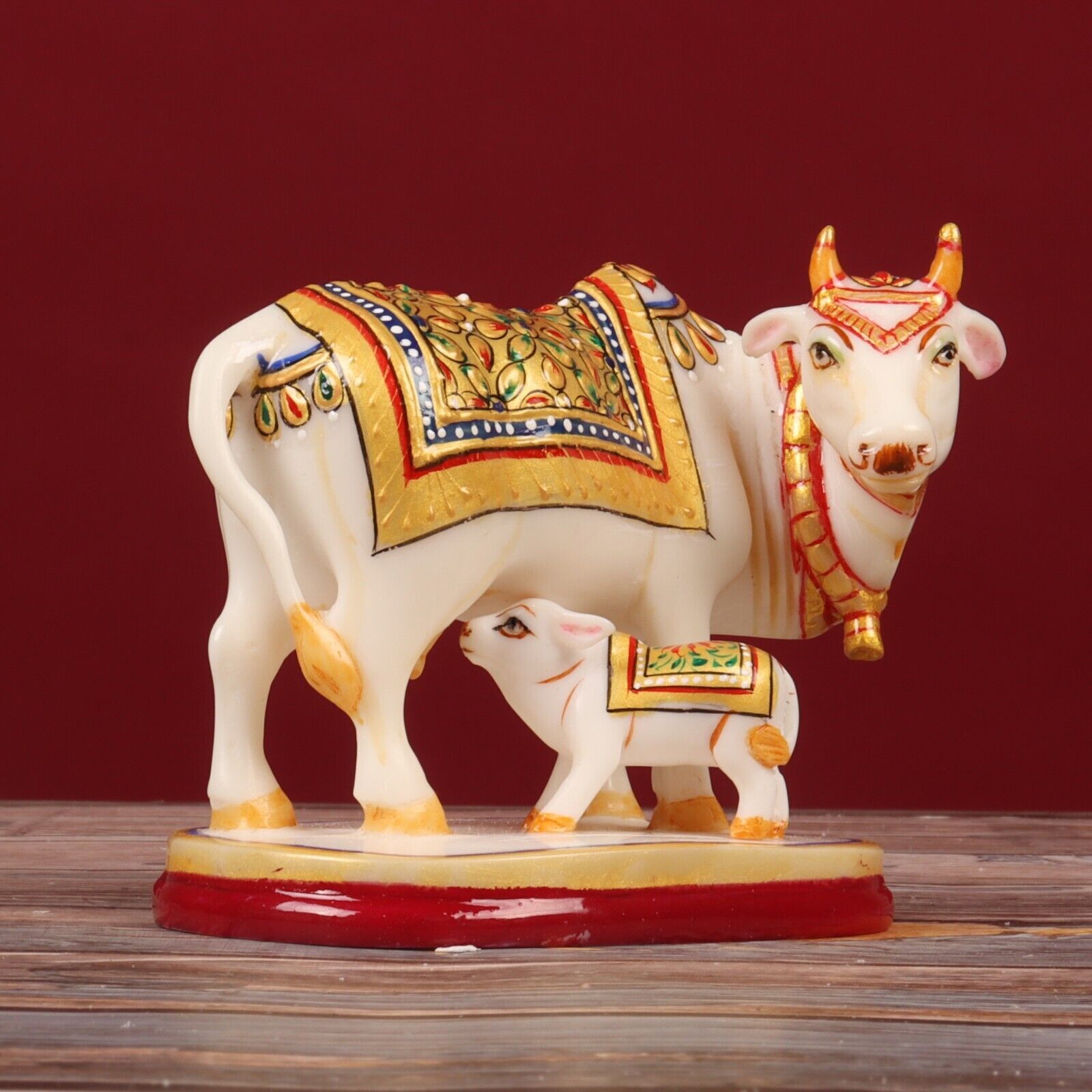 Cow Calf Culture Marble Statue 3" Kamdhenu Cow & Baby Idol Gai Bachda ...