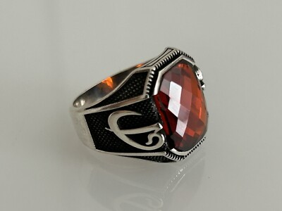 Men's Ring / Silver 925 / Islamic Elif Vav Symbol / Red Garnet / Zircon ...