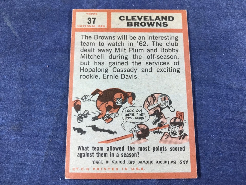 B4-7 FOOTBALL CARD - CLEVELAND BROWNS TEAM CARD - 1962 TOPPS - CARD #37 ...
