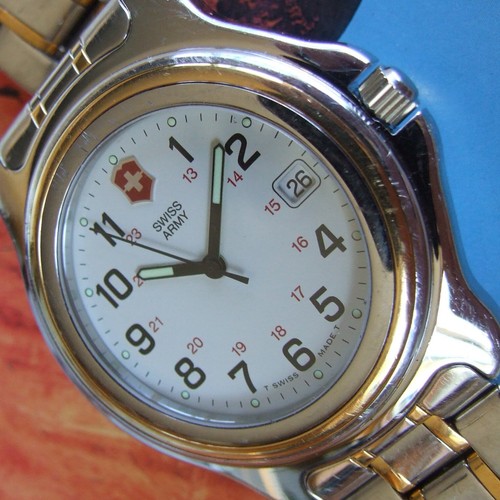 SWISS ARMY Watch~Men ClaSSiC OFFICERS 1884 Polished GOLD TT~Sapphire~SS ...
