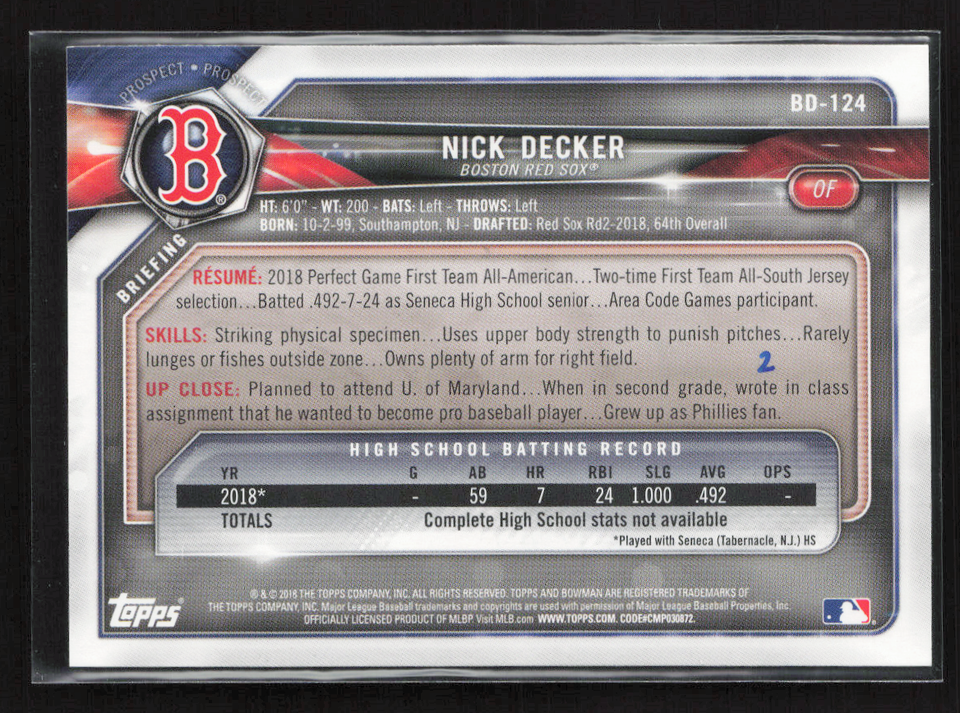 NICK DECKER SIGNED 2018 1st BOWMAN DRAFT AUTOGRAPHED CARD BOSTON RED ...