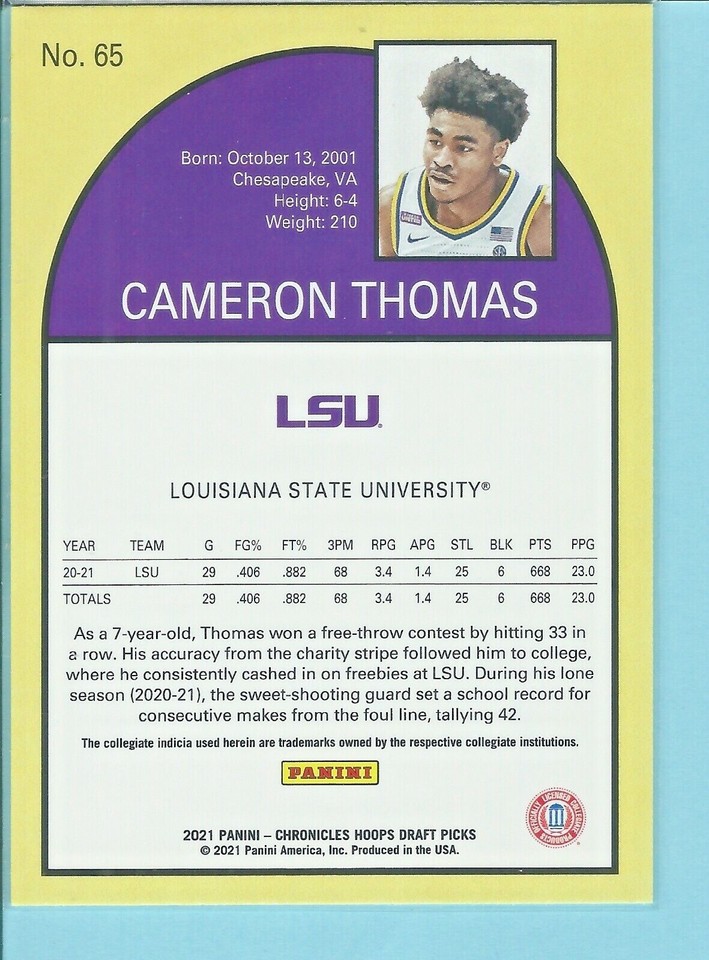 2021 Panini - Chronicles Hoops Draft Picks - Cameron Thomas #65 - LSU ...