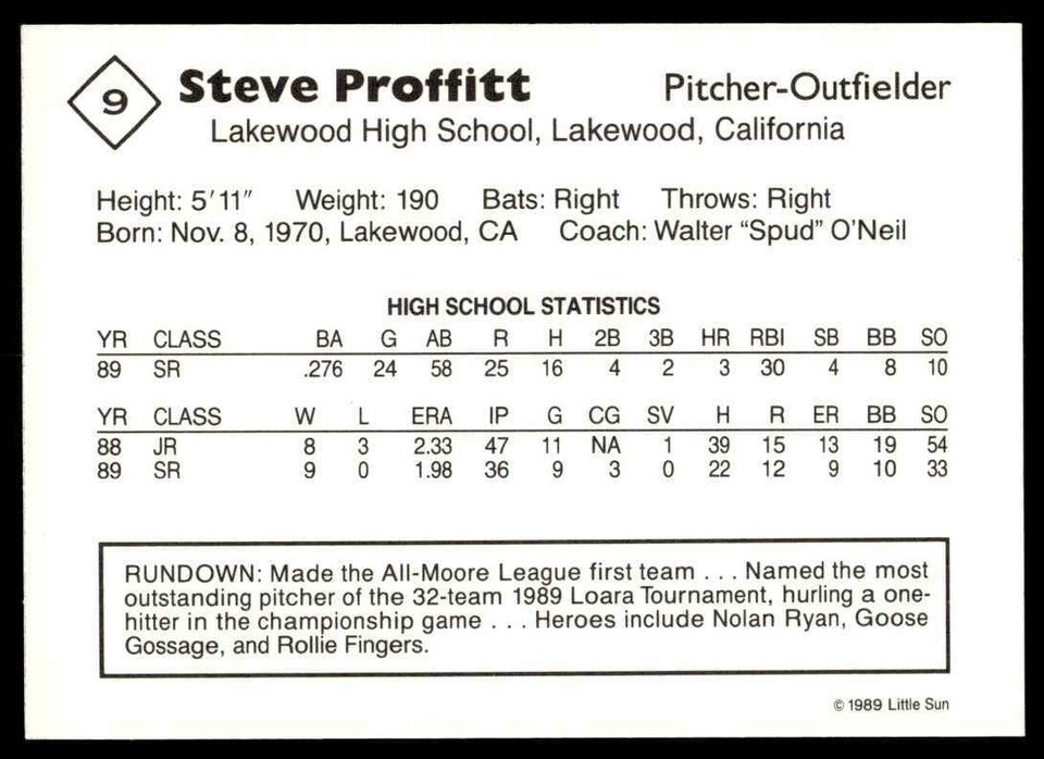 1989 Little Sun High School Prospects Steve Proffitt #9 | eBay