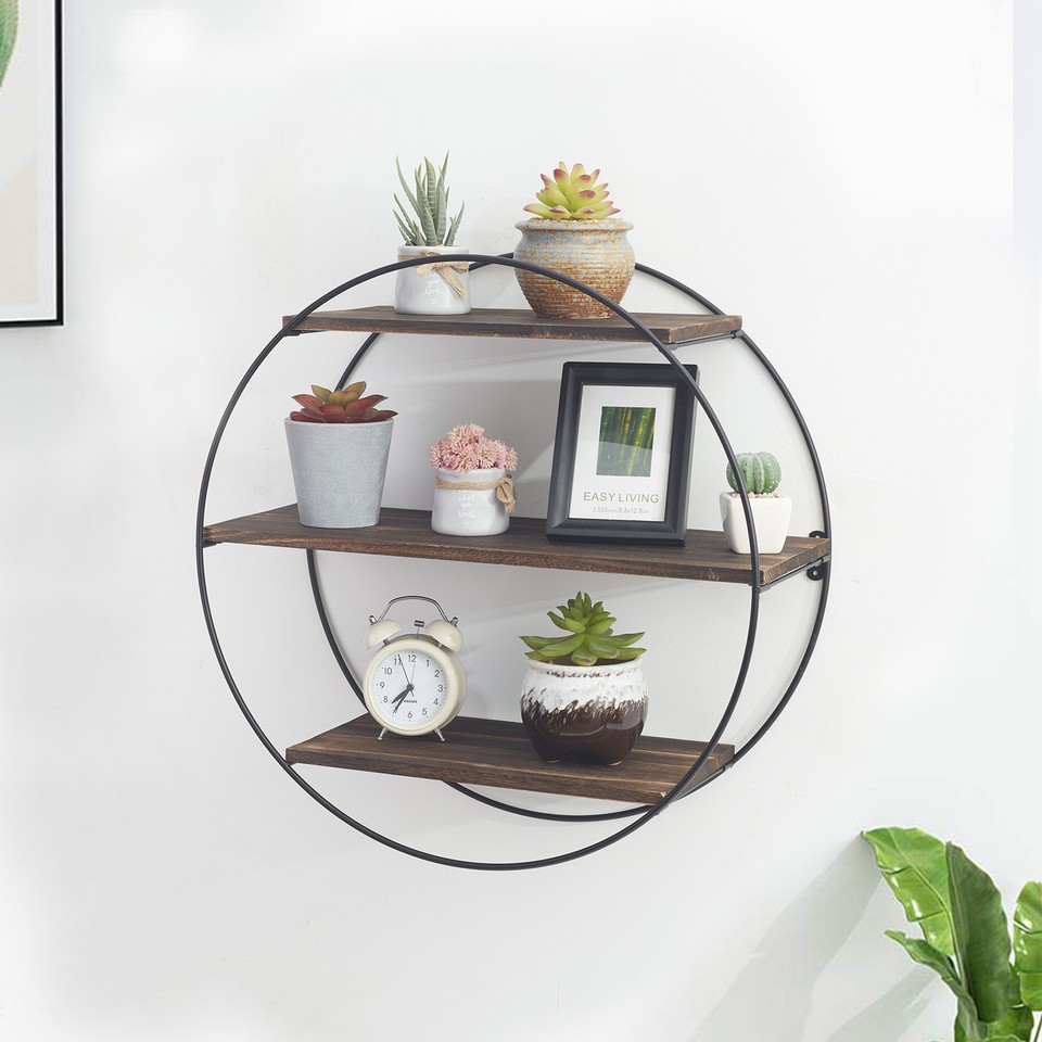 Large 20" Vintage Wood Wall Rack Round Storage Shelf Industrial Style ...