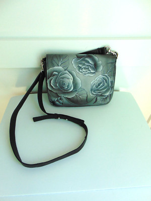 Anuschka Romantic Rose Black Hand Painted Leather Scallop Flap Shoulder ...