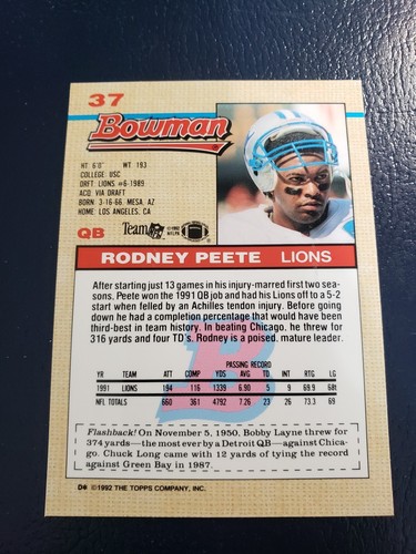 Rodney Peete Detroit Lions 1992 Bowman PRE PRINT BLANK FRONT | eBay