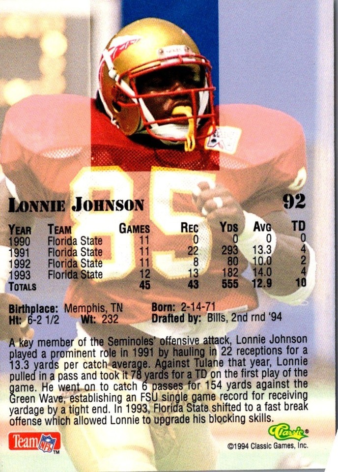 1994 Classic NFL Draft Lonnie Johnson #92 Buffalo Bills Football Card ...