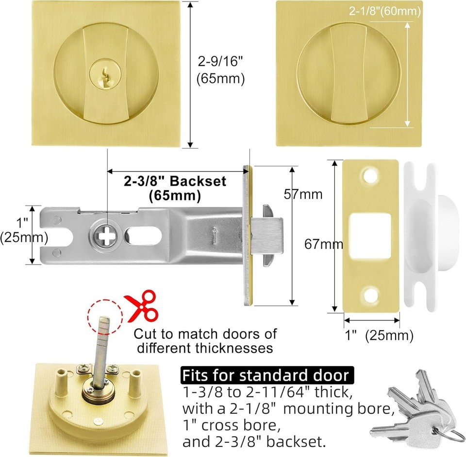 Pocket Door Lock with Key Brushed Gold Pocket Door Hardware Square Door ...