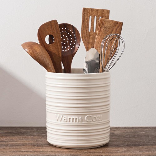 FUN ELEMENTS Utensil Holder 7.1Inch 4 Compartment Utensil CrockCeramic ...