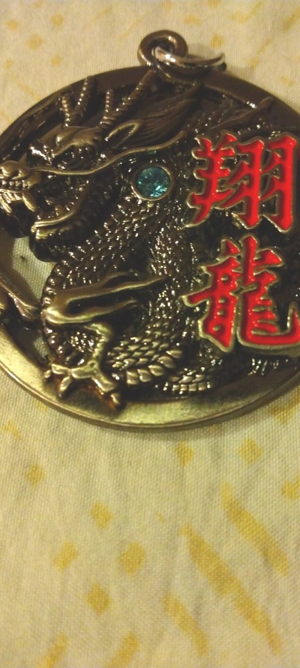 ASIAN "DRAGON" PENDANT,Pewter w Red Painted Dragon Blue Gemstone, Made ...