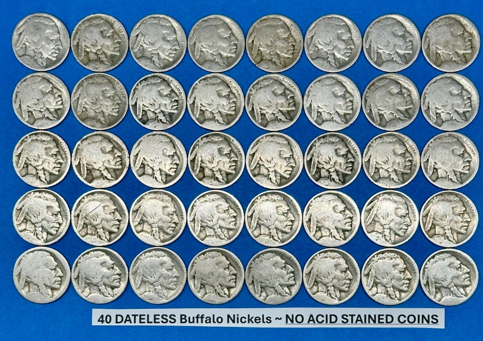 Buffalo Nickels Lot of 40 DATELESS Coins ~ NO DATE Buffalo Nickels Roll ...