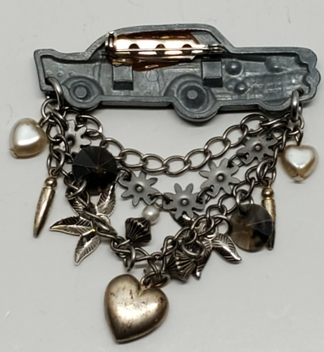 Vtg 57' Chevy Silver Car Lapel Pin w/ Layered Chain Dangle Charms Beads ...