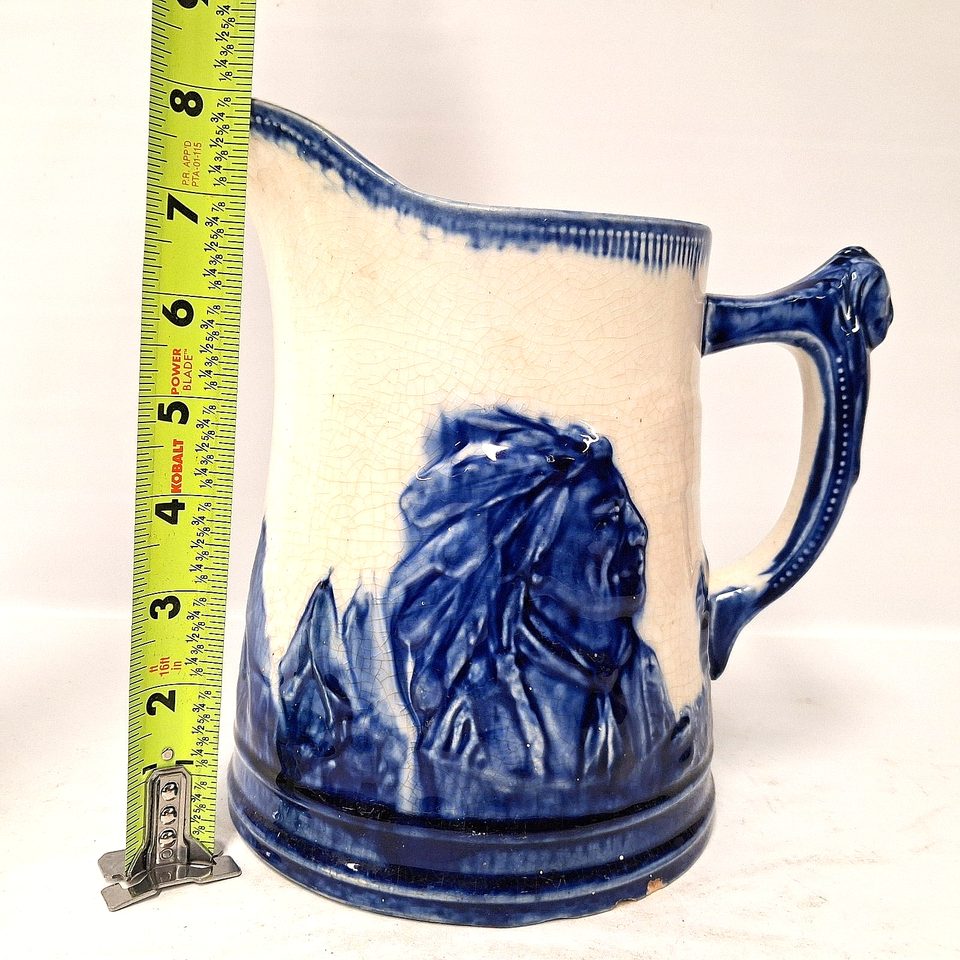 Vintage Sleepy Eye Relief Ceramic Pitcher Cobalt Blue Cream Milling ...