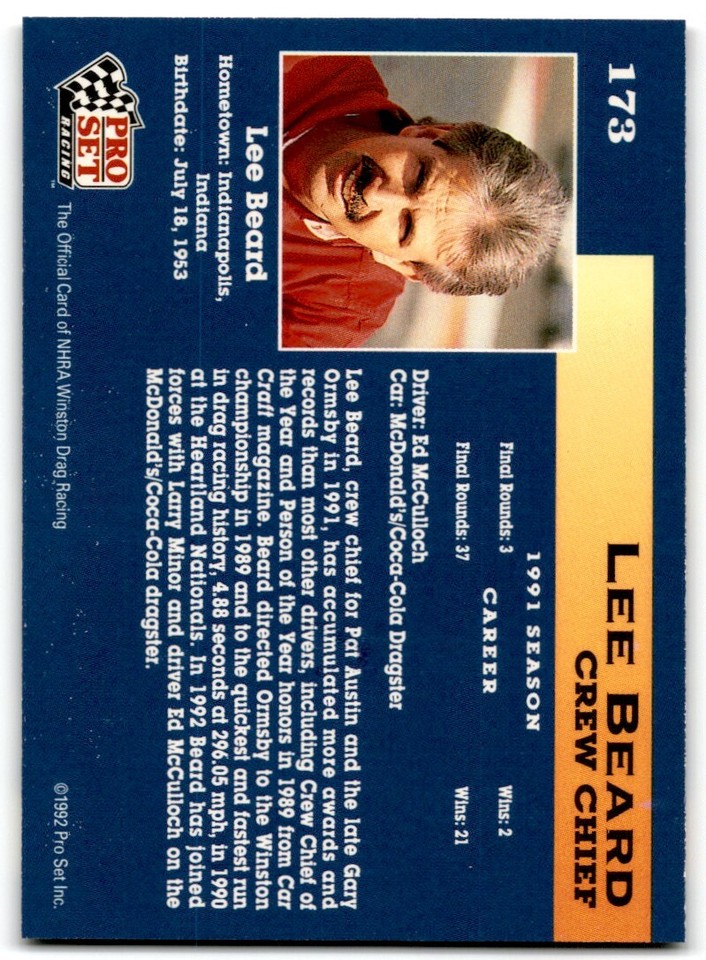 1992 Pro Set NHRA Lee Beard #173 | eBay