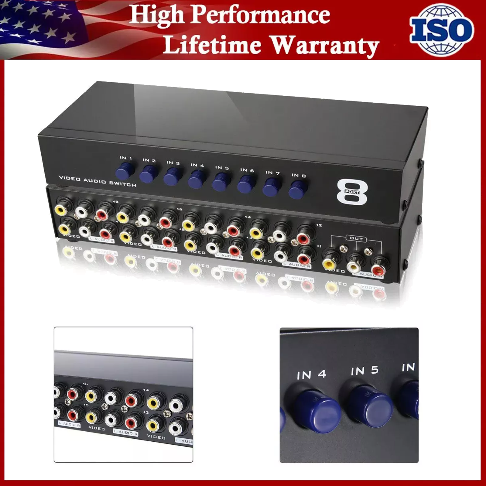 AV Switch RCA Switcher 8 in 1 Out Composite Video L/R Audio Selector ...