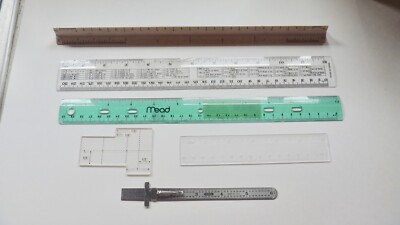 Lot 6 rulers meaures Mead General decimal metal plastic triangle pocket ...
