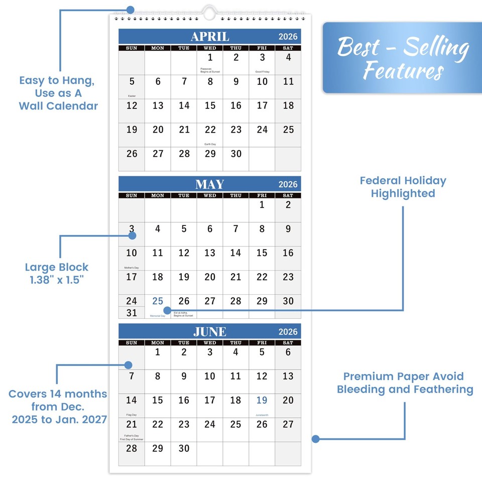 2026 Wall Calendar - 3-Month Wall Calendar Display (Folded in a Month ...