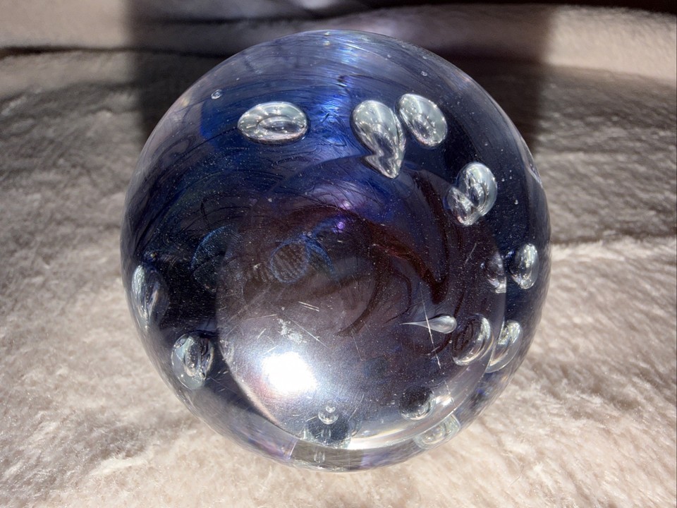Hand Blown Studio Art Glass Paperweight Blue Purple Nebula Swirl | eBay UK