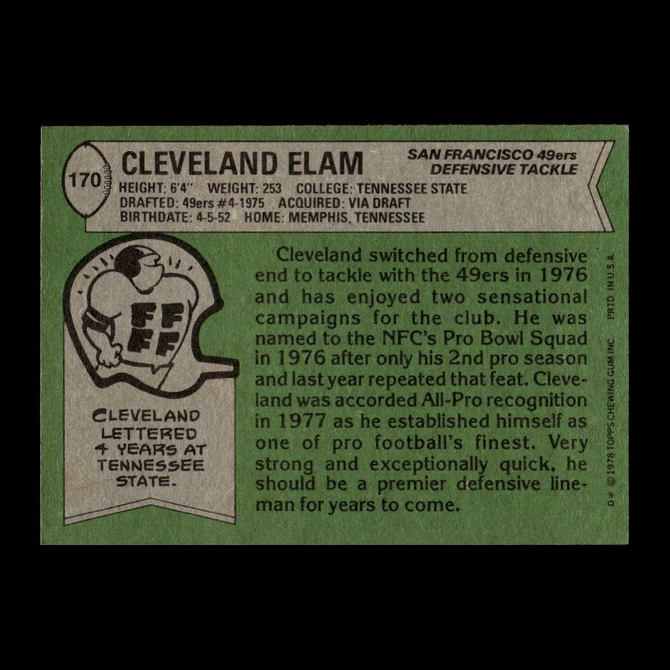 Cleveland Elam 1978 Topps San Francisco 49ers #170 R308F 2 | eBay