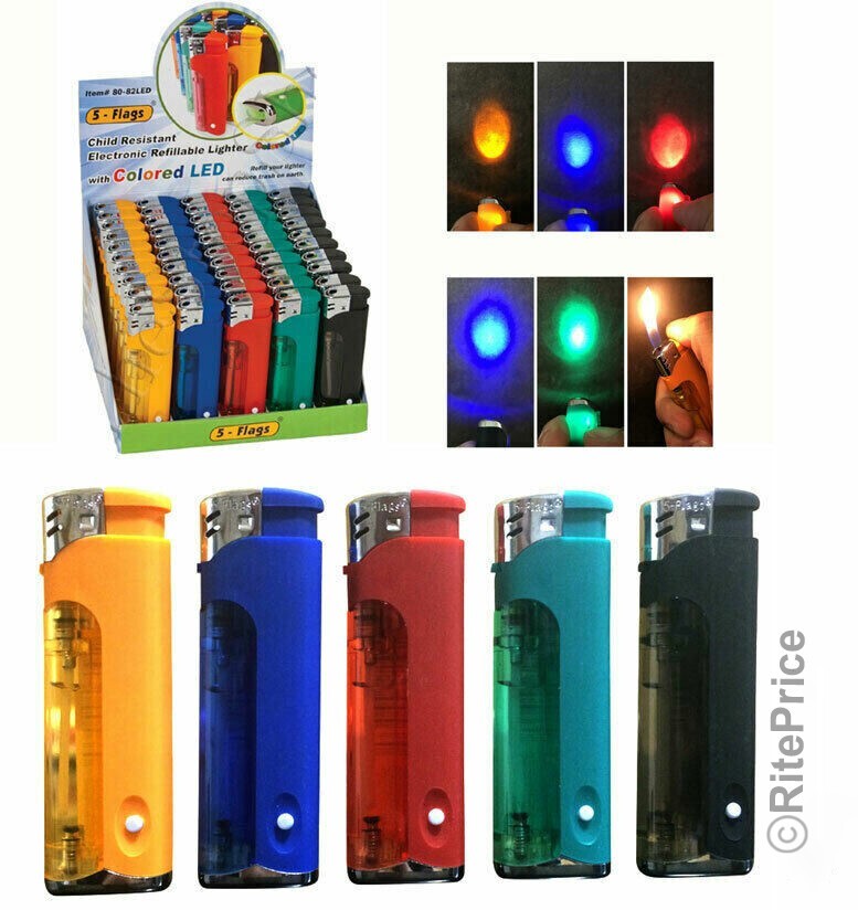 (7 Lighters) 5-Flags Refillable Butane Flame (Colored LED Flashlight ...