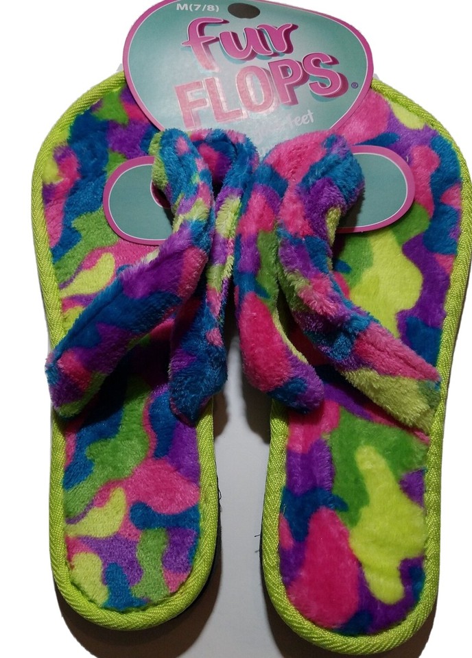 FUR FLOPS NWT FUZZY FLIP FLOP SLIPPERS SANDALS BRIGHT NEON CAMO S M | eBay