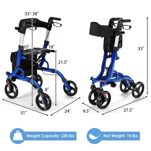 2-in-1 Folding Aluminum Rollator Walker Adjustable Handle W/ Seat 8 ...