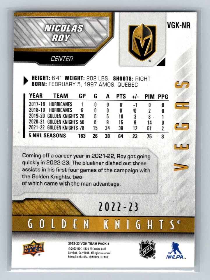 NICOLAS ROY 2022-23 Upper Deck Hockey VGK Team Pack 4 #VGK-MA Golden ...
