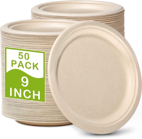 Compostable 9 Inch Paper Plates [50-Pack] Heavy-, Natural Disposable ...