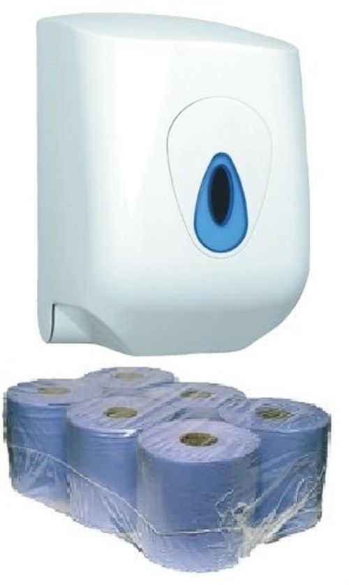 CASE OF 6 x 2 PLY EMBOSSED BLUE CENTRE FEED PAPER ROLLS & DISPENSER ...