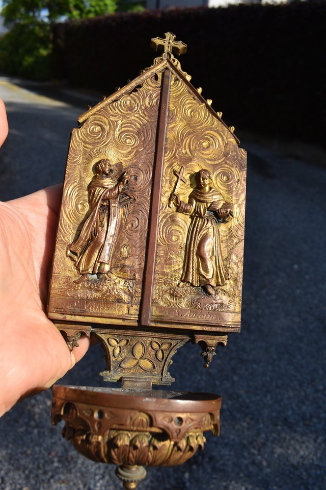 Antique 1877 dated bronze neo gothic tryptich holy water font saints ...
