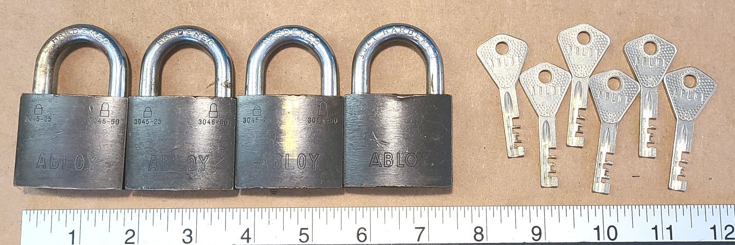 4 x Abloy 3045 vintage model padlocks w/ 6 working keys - Tested good ...