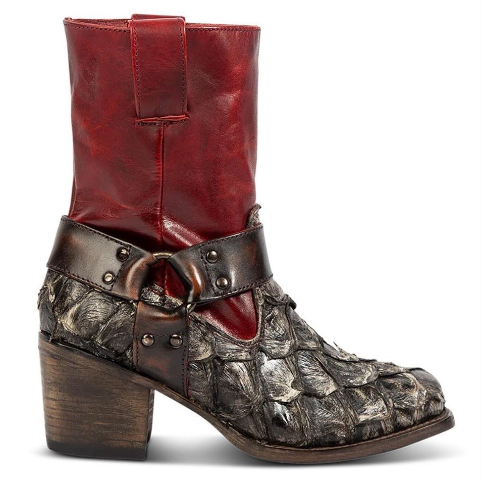 New NIB Freebird Darcy Red Gray Black Multi Fish Leather Harness Boots ...