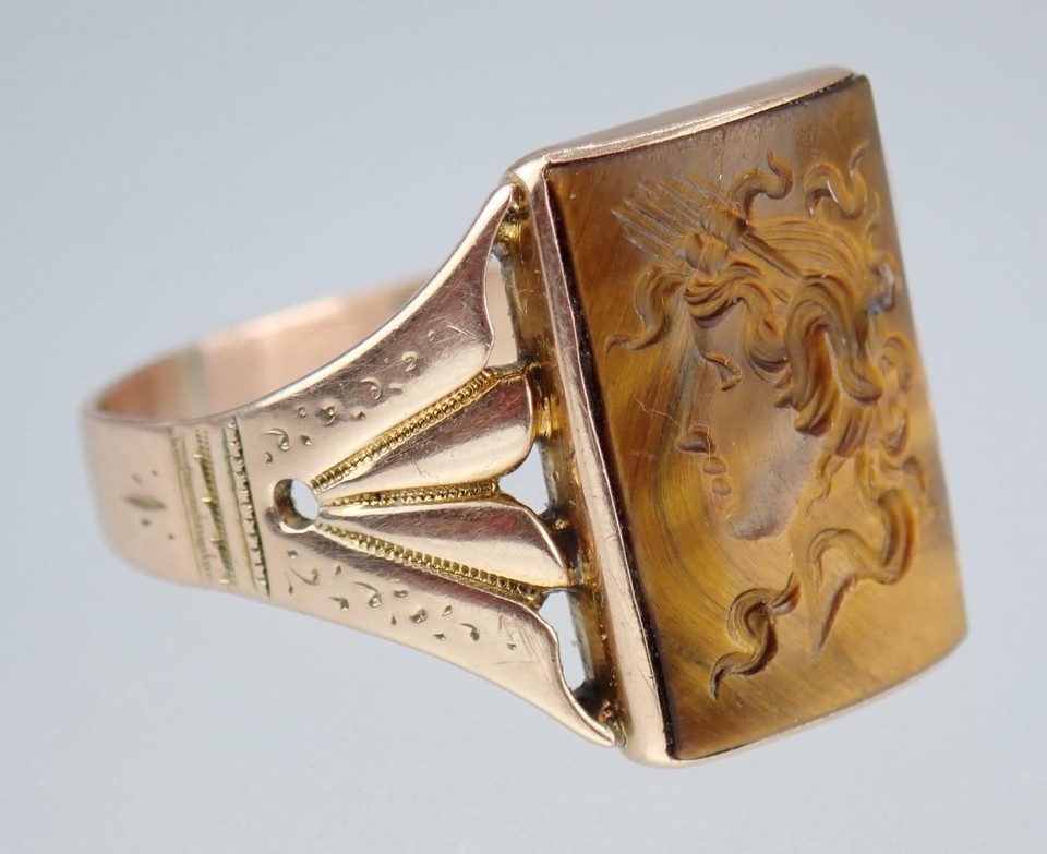 Fine Antique Victorian 10K Rose Gold Tiger's Eye Agate Goddess Intaglio ...