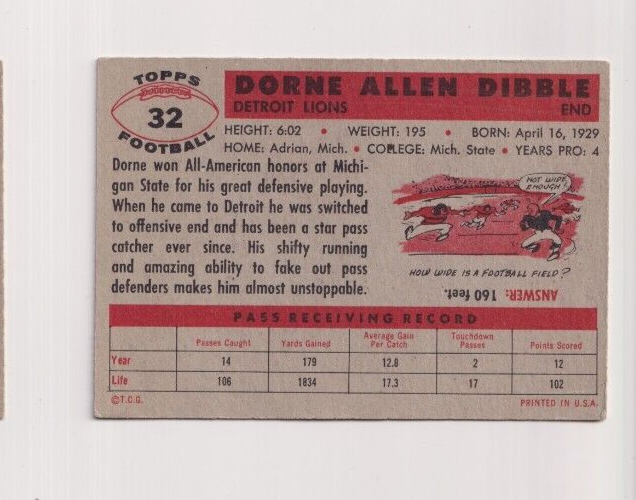 DORNE DIBBLE 1956 TOPPS FOOTBALL #32 DETROIT LIONS VINTAGE SPORTS ...