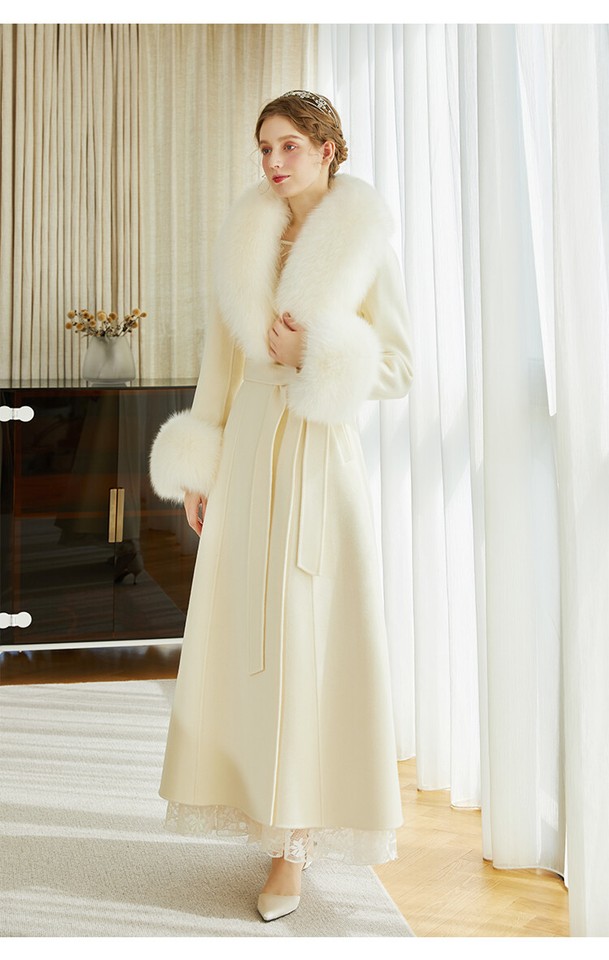 White Thick Wool Jacket Womens Slim Fit Cashmere Real Fox Fur Collar ...