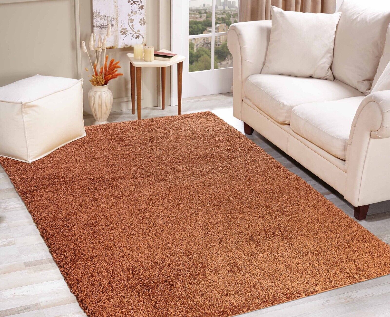 Small Large Soft Plain Burnt Orange Terracotta Shaggy Rug Thick 5cm Non ...