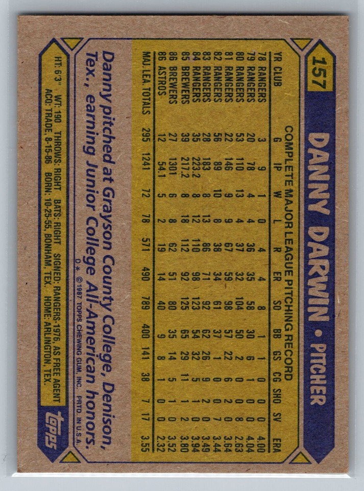 Danny Darwin 1987 Topps Set Break BASEBALL #157 Houston Astros | eBay