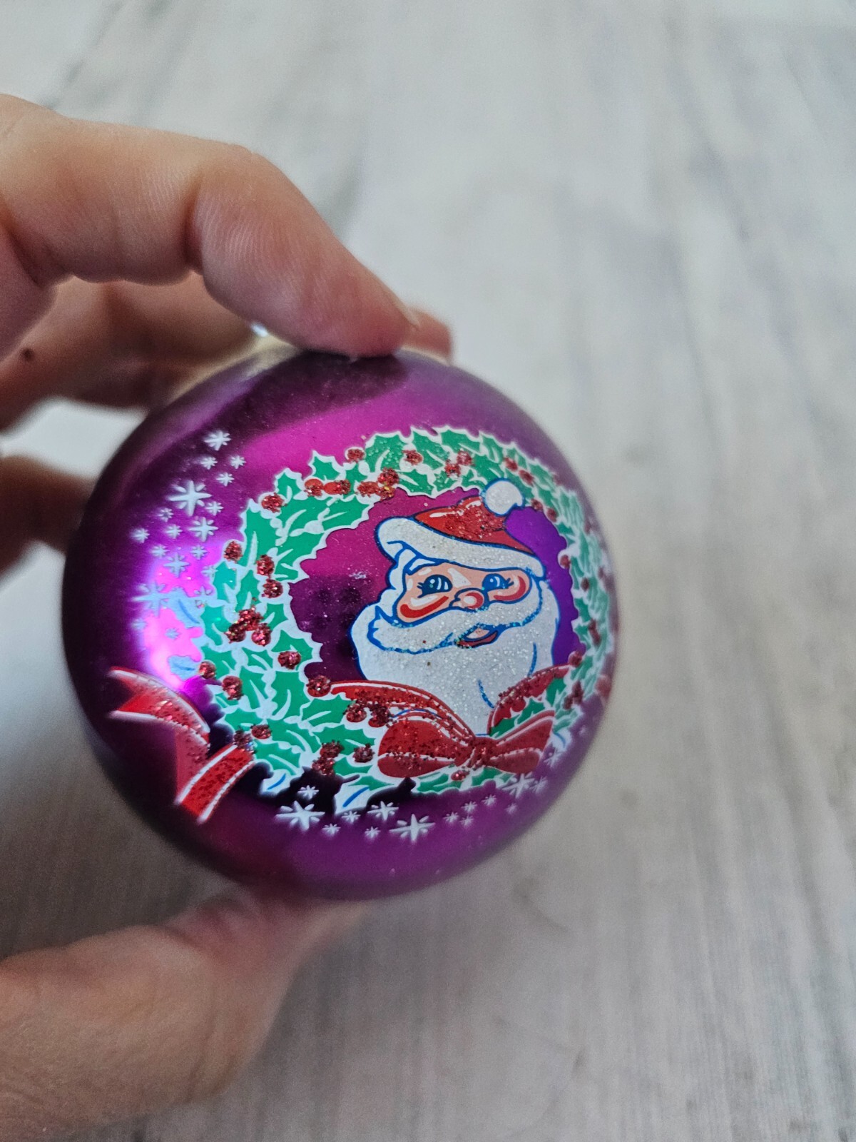 Vintage shiny Brite radko Santa wreath ball purple ornament unique ...