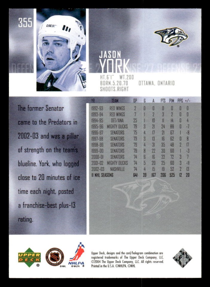 Jason York 2003 Upper Deck #355 Nashville Predators | eBay